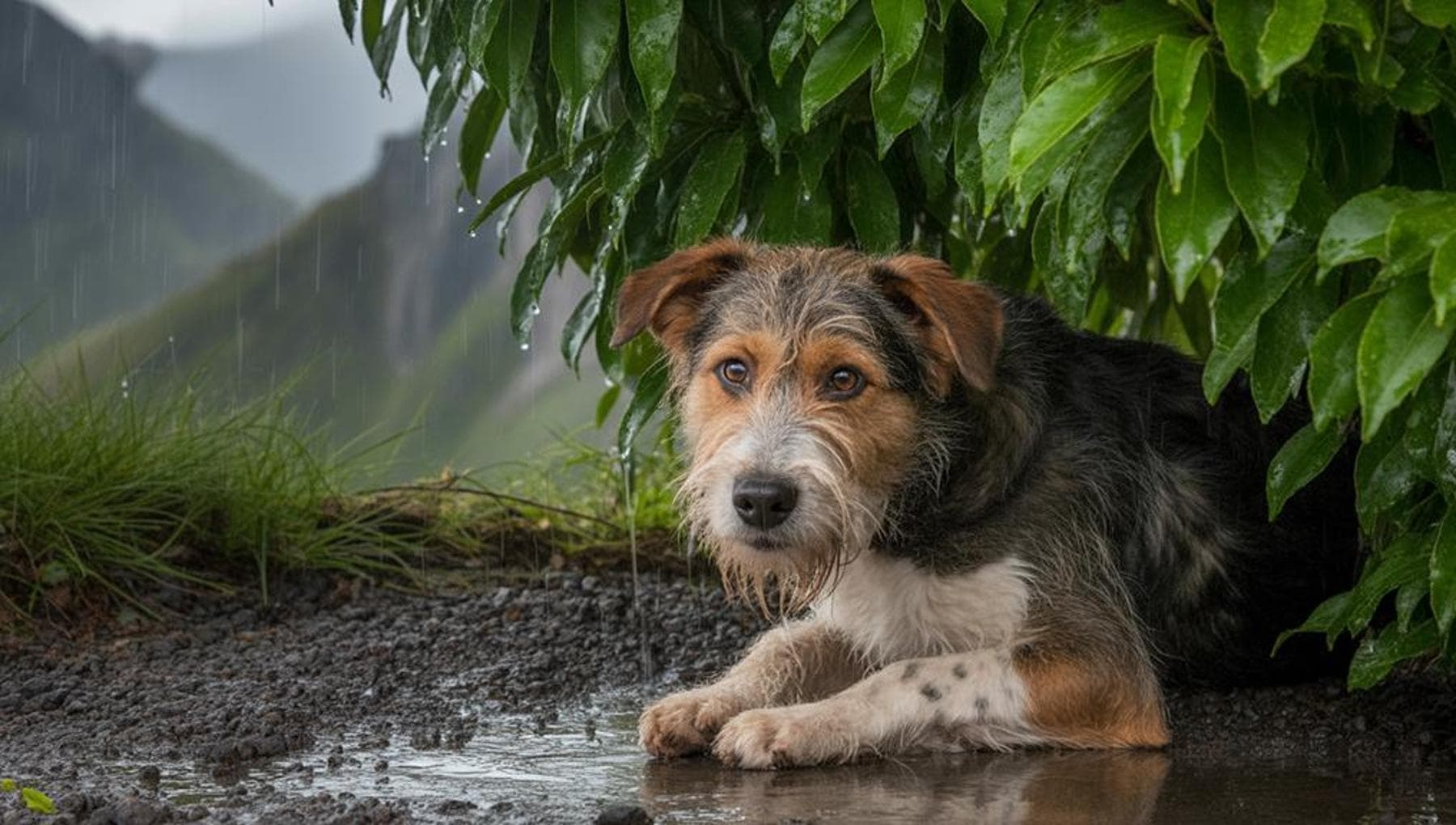 Il cane Alloro che teme la pioggia e Anna che lo protegge dalle sue ...