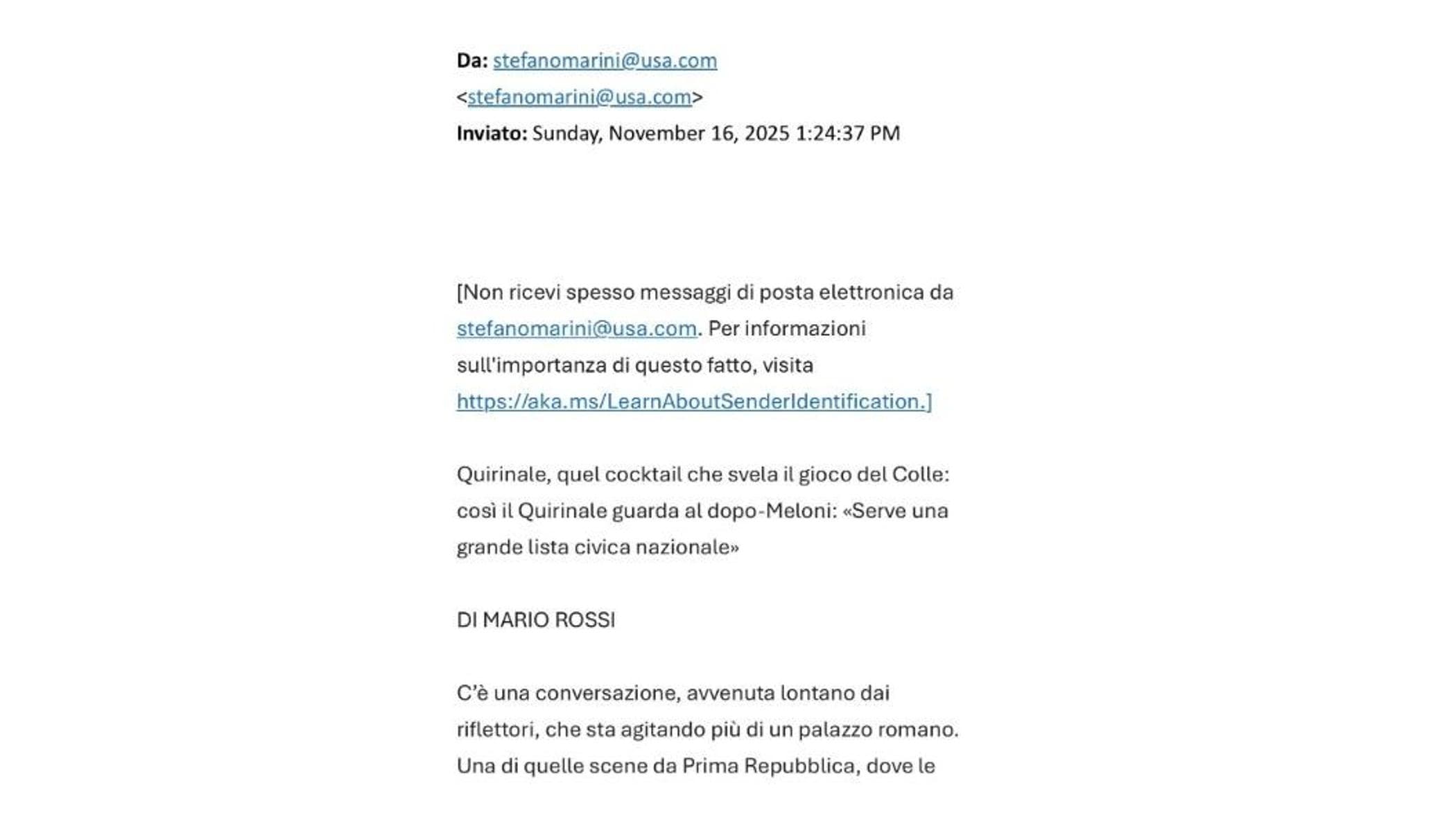 Ecco la mail con le frasi di Garofani inviata ai giornali della destra ...