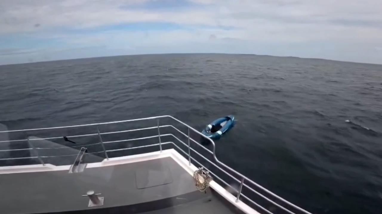 Cane solo su un kayak gonfiabile alla deriva tra onde e venti forti: il ...